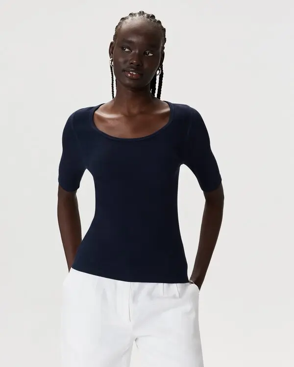 Quince Organic Cotton Micro-rib Elbow Sleeve T-shirt - Deep Navy