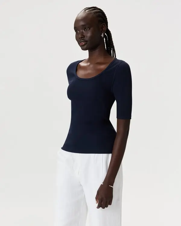 Quince Organic Cotton Micro-rib Elbow Sleeve T-shirt - Deep Navy