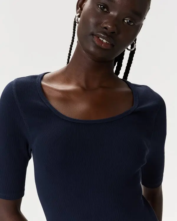 Quince Organic Cotton Micro-rib Elbow Sleeve T-shirt - Deep Navy