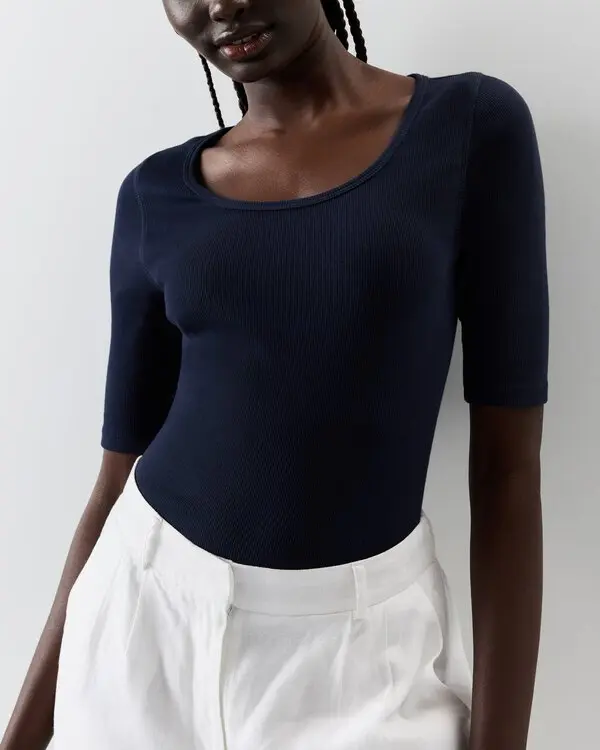 Quince Organic Cotton Micro-rib Elbow Sleeve T-shirt - Deep Navy