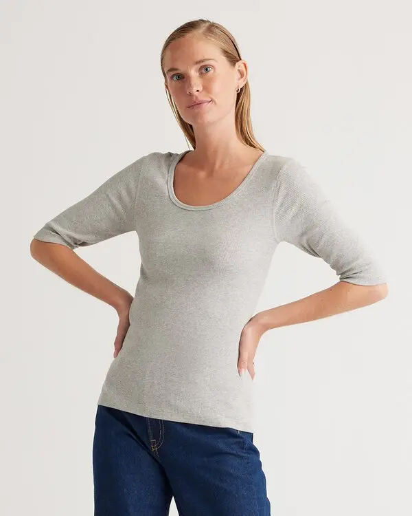 Quince Organic Cotton Micro-rib Elbow Sleeve T-shirt - Heather Grey