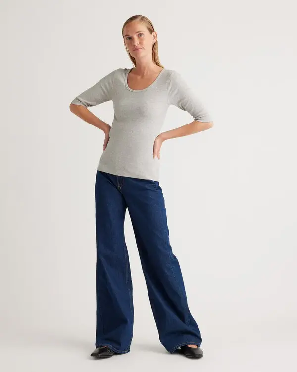 Quince Organic Cotton Micro-rib Elbow Sleeve T-shirt - Heather Grey