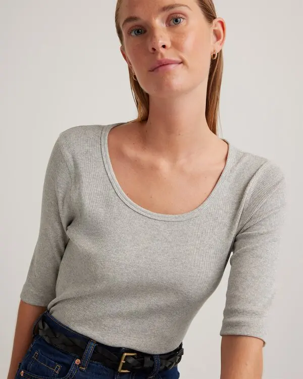 Quince Organic Cotton Micro-rib Elbow Sleeve T-shirt - Heather Grey