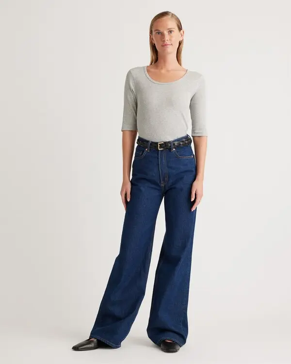 Quince Organic Cotton Micro-rib Elbow Sleeve T-shirt - Heather Grey