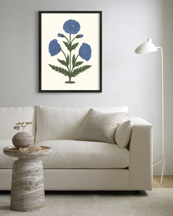 Quince Blue Mughal Poppy Antique Print, Wood Frame - Black