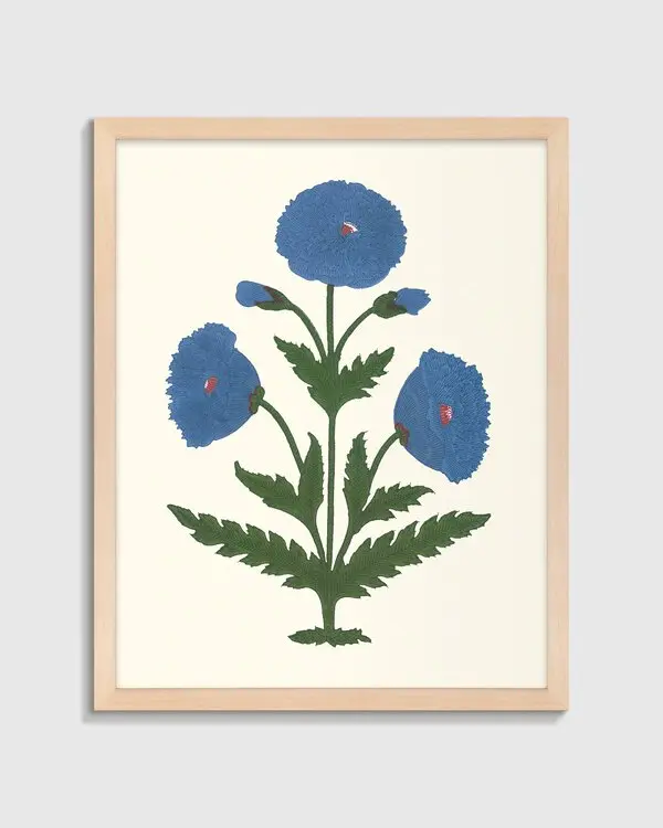 Quince Blue Mughal Poppy Antique Print, Wood Frame - Maple