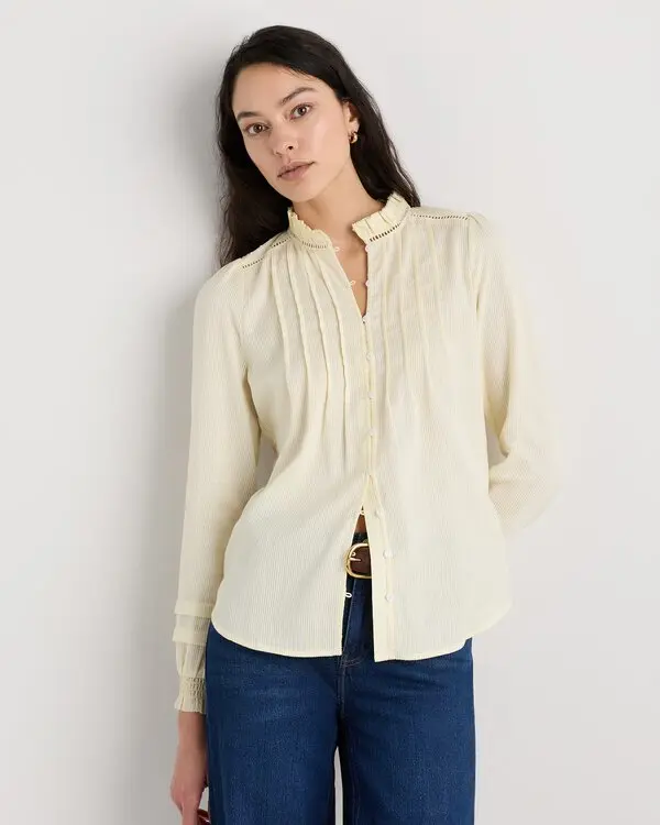 Quince Organic Textured Cotton Peasant Blouse - Pale Custard Yellow
