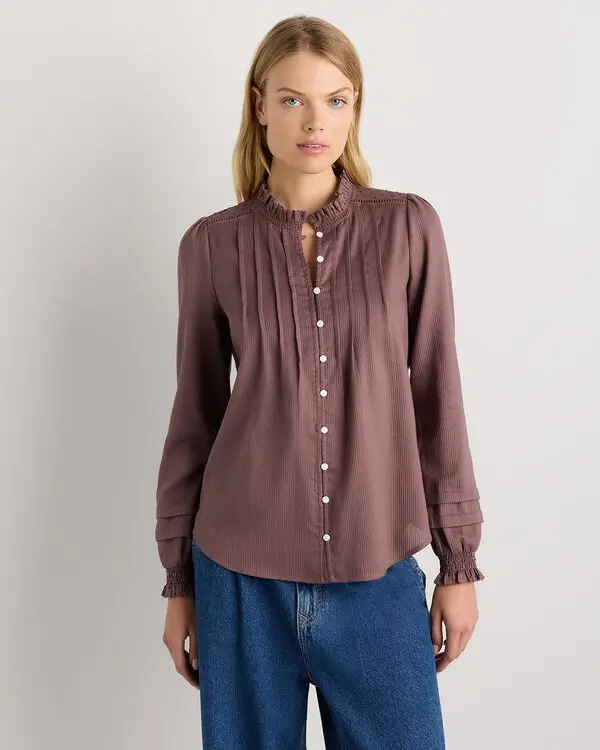 Quince Organic Textured Cotton Peasant Blouse - Taupe Brown