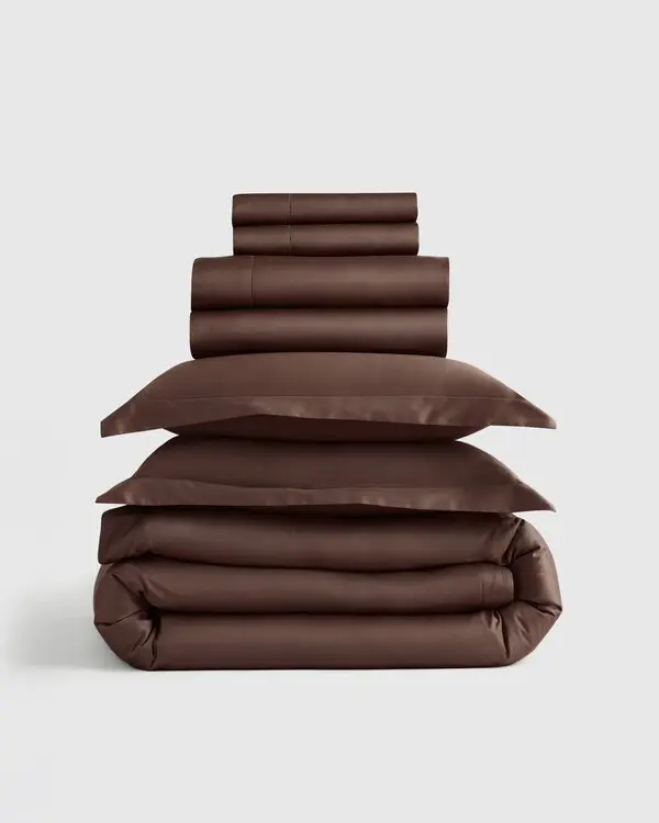 Quince Signature Giza Cotton Sateen Deluxe Bedding Bundle - Espresso