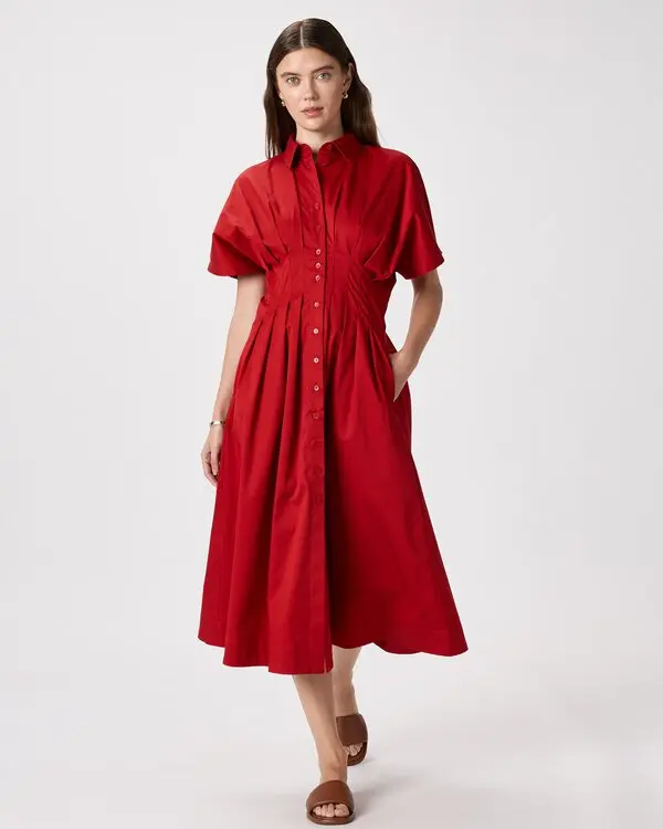 Quince Stretch Twill Pleated Midi Shirt Dress