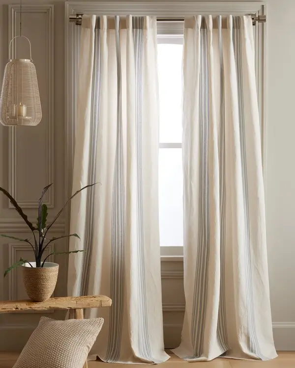 Quince Coastal Stripe Linen Cotton Curtain Single Panel - Ivory/fog