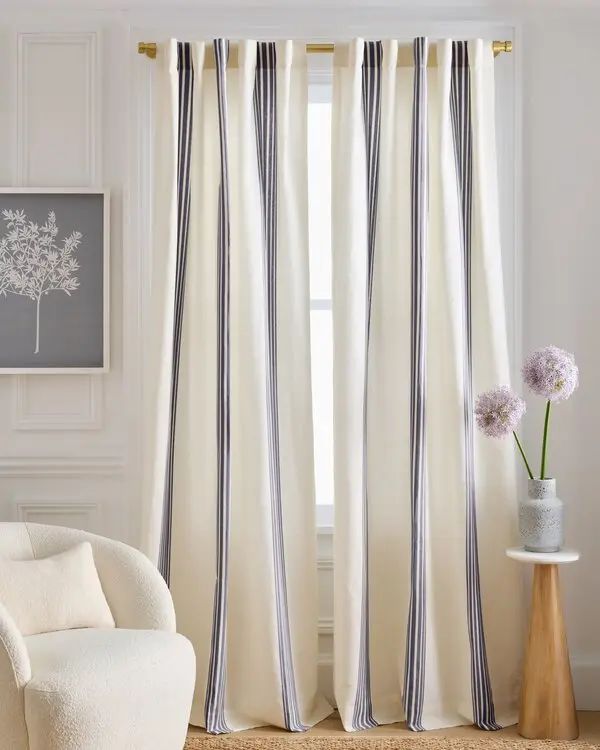 Quince Coastal Stripe Linen Cotton Curtain Single Panel - Ivory/navy