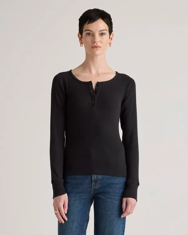Quince Micro-rib Henley Long Sleeve T-shirt - Black