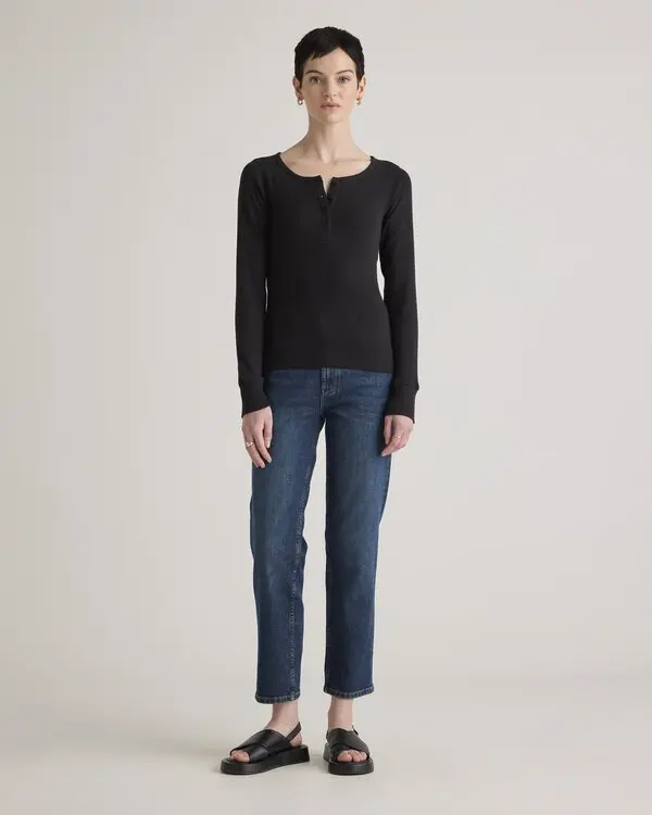 Quince Micro-rib Henley Long Sleeve T-shirt - Black