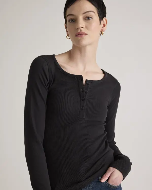 Quince Micro-rib Henley Long Sleeve T-shirt - Black
