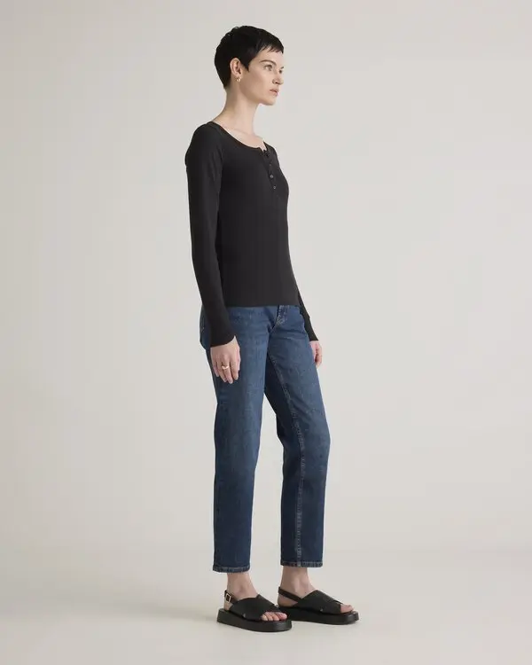 Quince Micro-rib Henley Long Sleeve T-shirt - Black