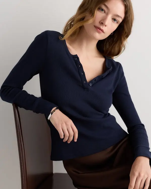 Quince Micro-rib Henley Long Sleeve T-shirt - Deep Navy