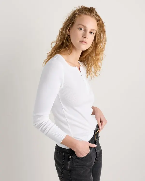 Quince Micro-rib Henley Long Sleeve T-shirt - Soft White
