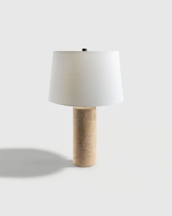 Quince Travertine Table Lamp With Drum Shade - Beige