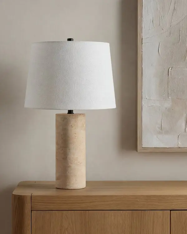 Quince Travertine Table Lamp With Drum Shade