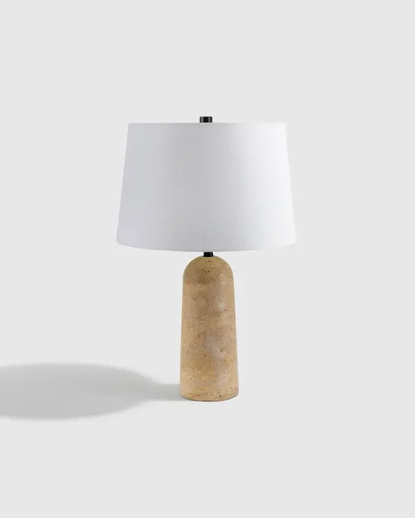 Quince Travertine Table Lamp With Drum Shade - Beige