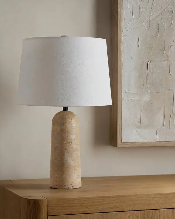 Quince Travertine Table Lamp With Drum Shade