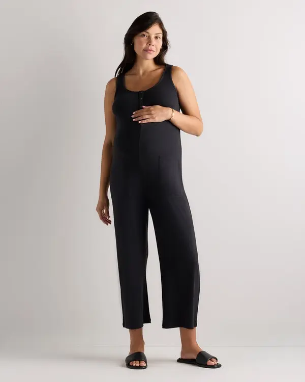 Quince Bamboo Maternity Sleeveless Button Front Midi Dress - Bold Black