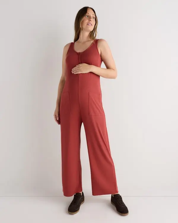 Quince Bamboo Maternity Sleeveless Button Front Midi Dress - Burnt Red