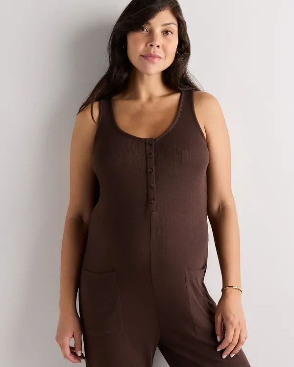 Quince Bamboo Maternity Sleeveless Button Front Midi Dress - Coffee Bean Brown