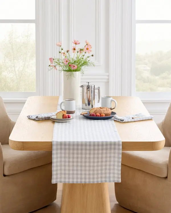 Quince European Linen Gingham Table Runner - Blue Fog