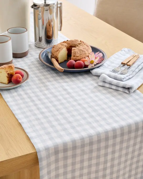 Quince European Linen Gingham Table Runner - Blue Fog