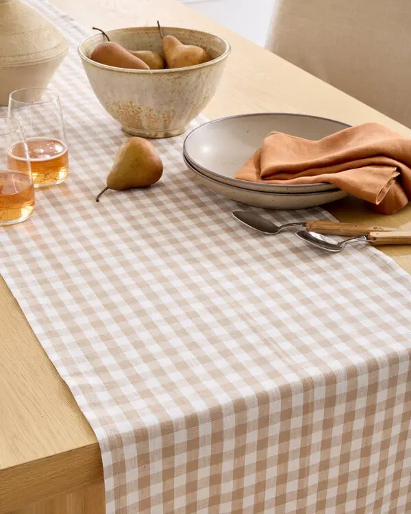 Quince European Linen Gingham Table Runner - Cafe