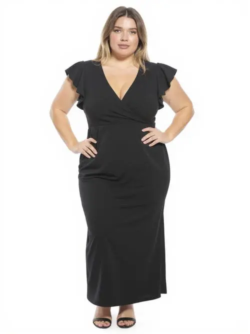 24SEVEN COMFORT APPAREL Solid V-neck Tulip Hem Maxi Dress - Black