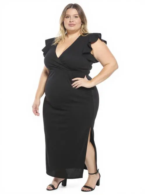 24SEVEN COMFORT APPAREL Solid V-neck Tulip Hem Maxi Dress - Black