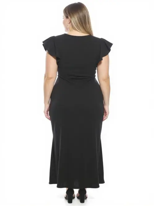 24SEVEN COMFORT APPAREL Solid V-neck Tulip Hem Maxi Dress - Black