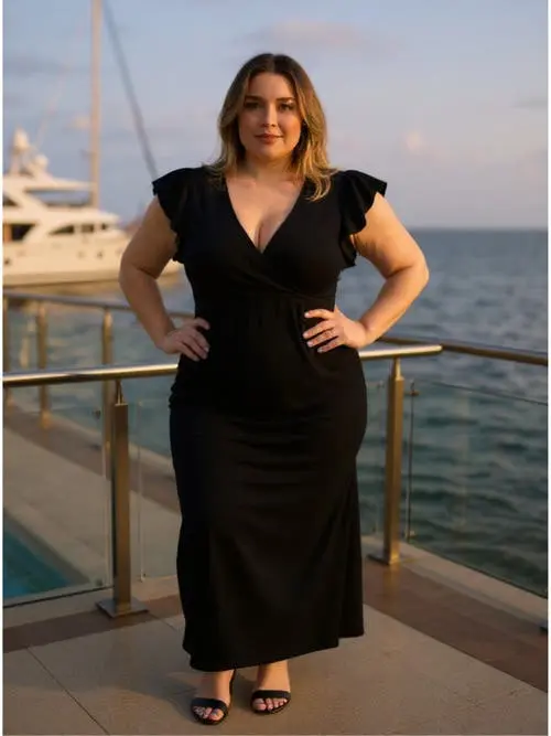 24SEVEN COMFORT APPAREL Solid V-neck Tulip Hem Maxi Dress - Black