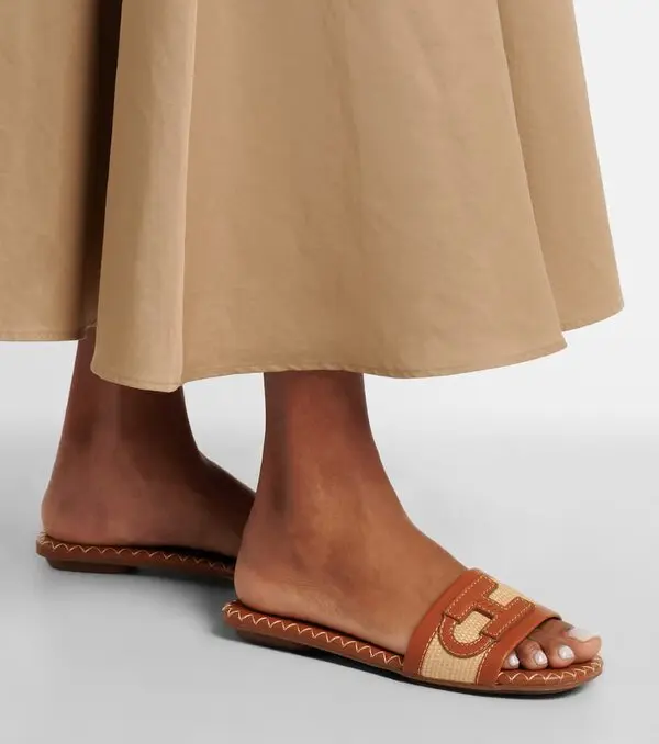 Hogan Leather-trimmed Raffia Slides