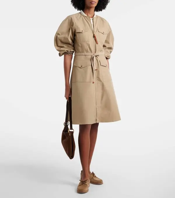 Moncler Belted Cotton-blend Poplin Midi Dress - Beige
