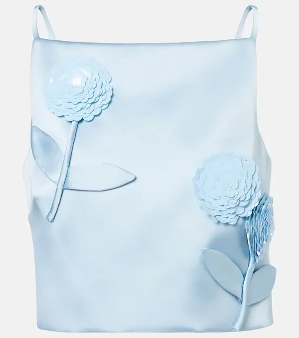 SELF-PORTRAIT Floral-appliqué Sequined Cropped Satin Top - Blue