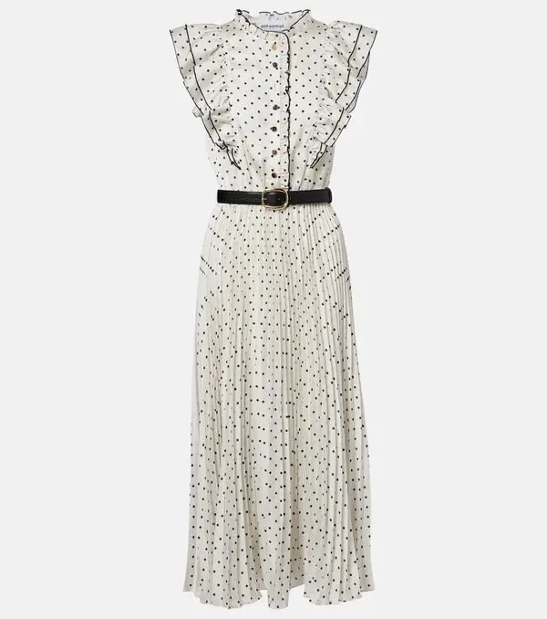 SELF-PORTRAIT Belted Polka-dot Pleated Midi Dress
