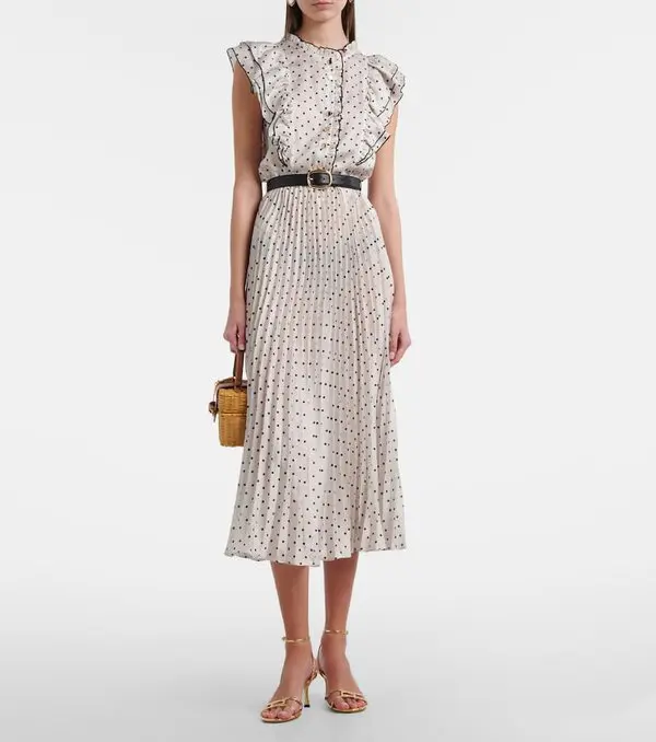 SELF-PORTRAIT Belted Polka-dot Pleated Midi Dress