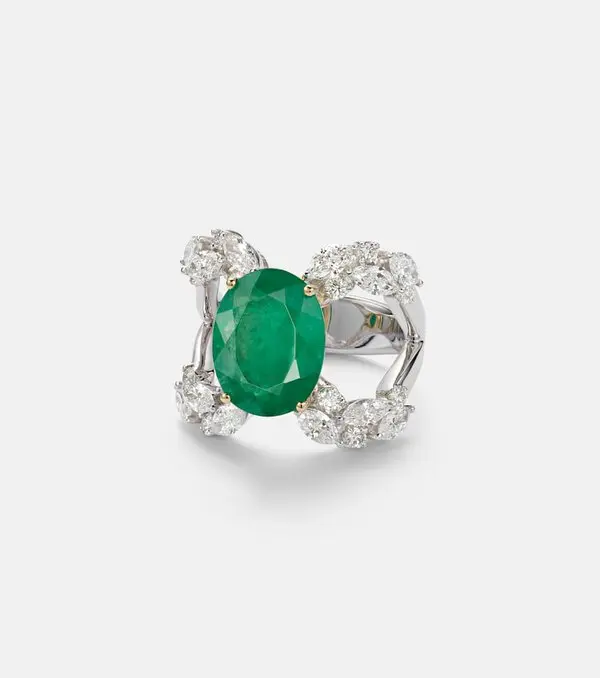 Yeprem 18kt White Gold Ring With Emerald And Diamonds - Silver
