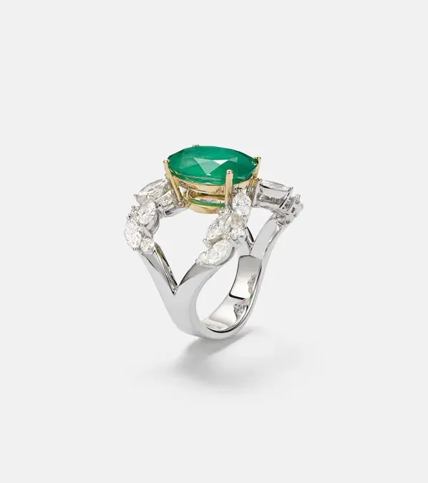 Yeprem 18kt White Gold Ring With Emerald And Diamonds