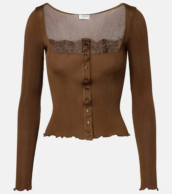 Saint Laurent Lace-trimmed Ribbed Silk Jersey Top - Brown