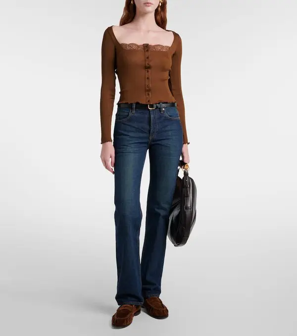 Saint Laurent Lace-trimmed Ribbed Silk Jersey Top - Brown