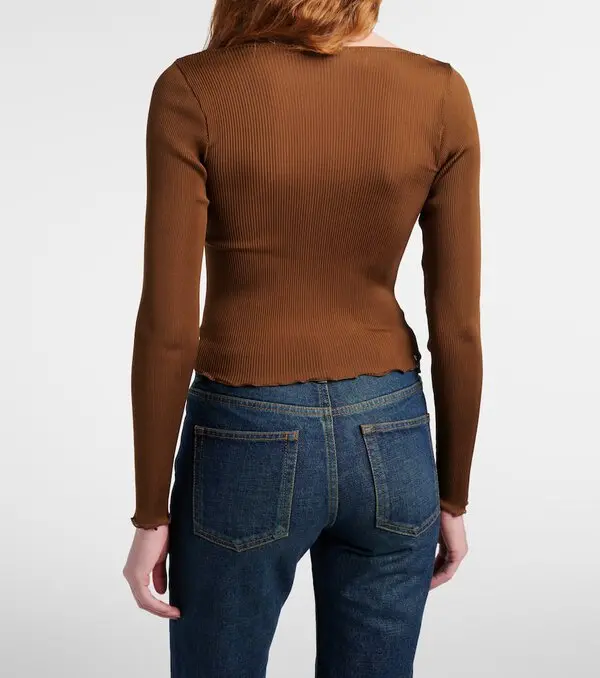 Saint Laurent Lace-trimmed Ribbed Silk Jersey Top - Brown