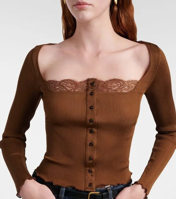Saint Laurent Lace-trimmed Ribbed Silk Jersey Top - Brown