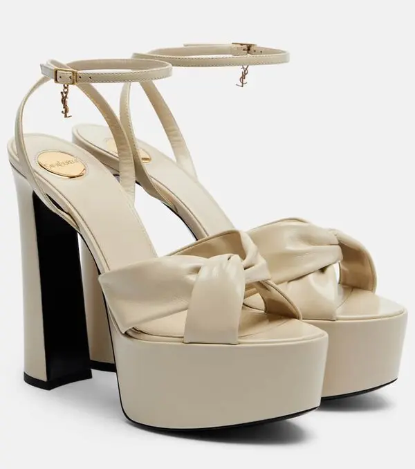 Saint Laurent Franciane Leather Platform Sandals - Beige