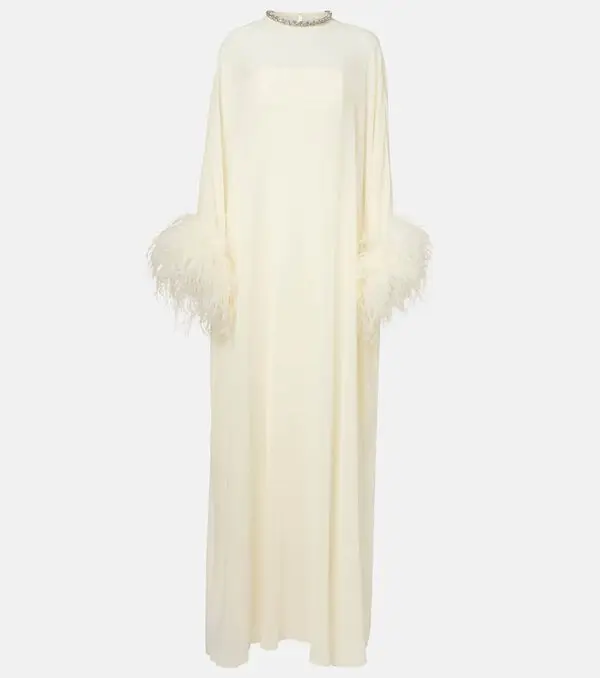 Roland Mouret Feather-trimmed Caped Silk Chiffon Gown