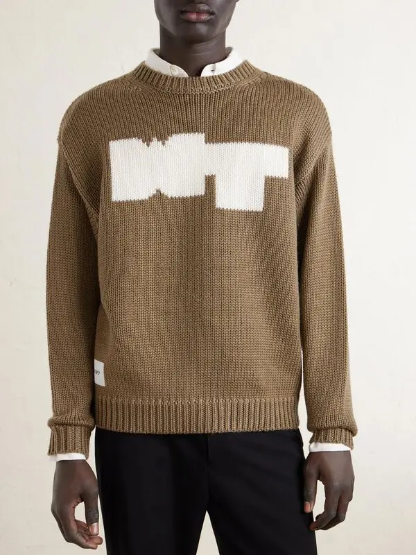 WTAPS Logo-intarsia Ribbed-knit Sweater - Neutrals